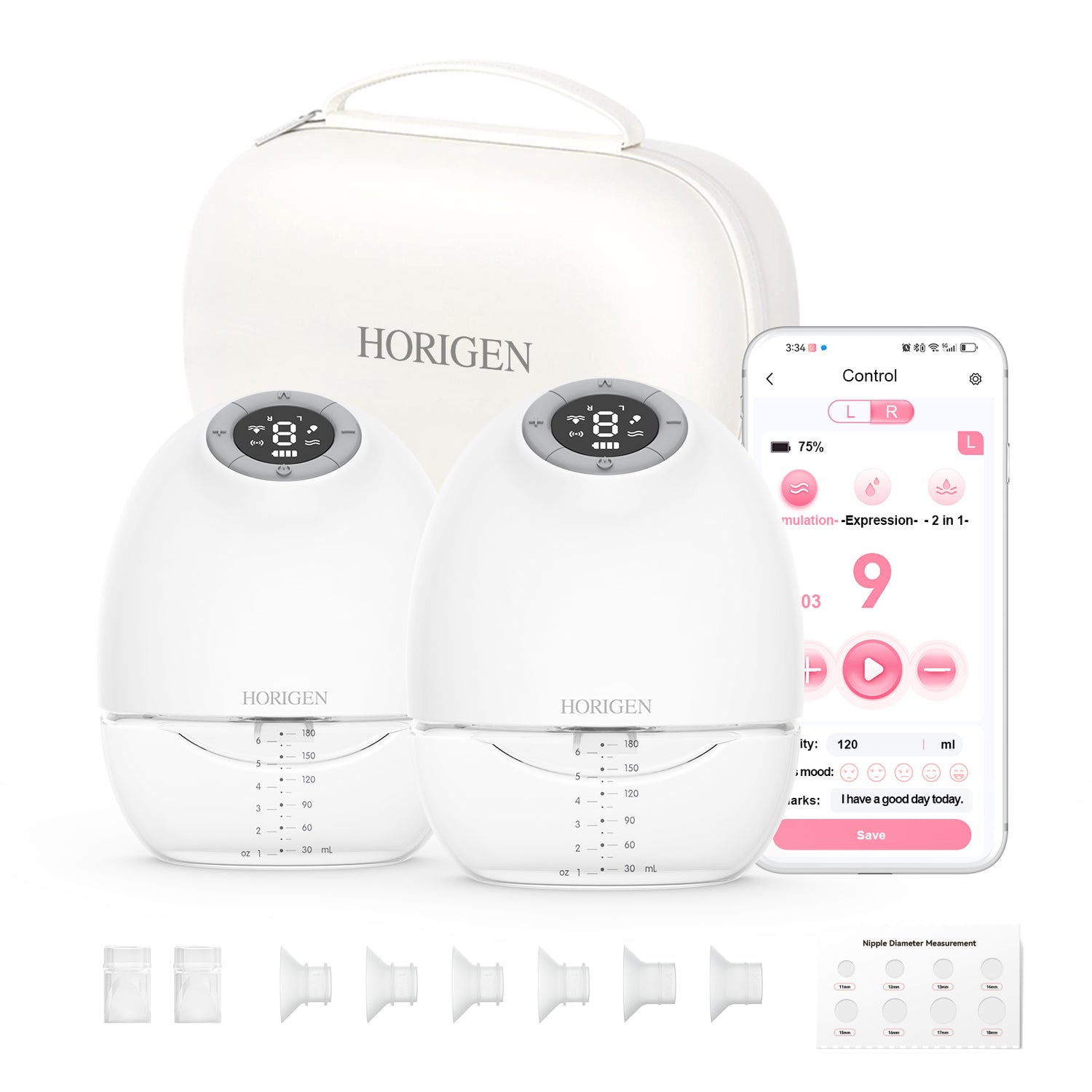 Horigen E4 3 Modes and 9 Levels Electric Breast Pump, APP Control, Leak ...